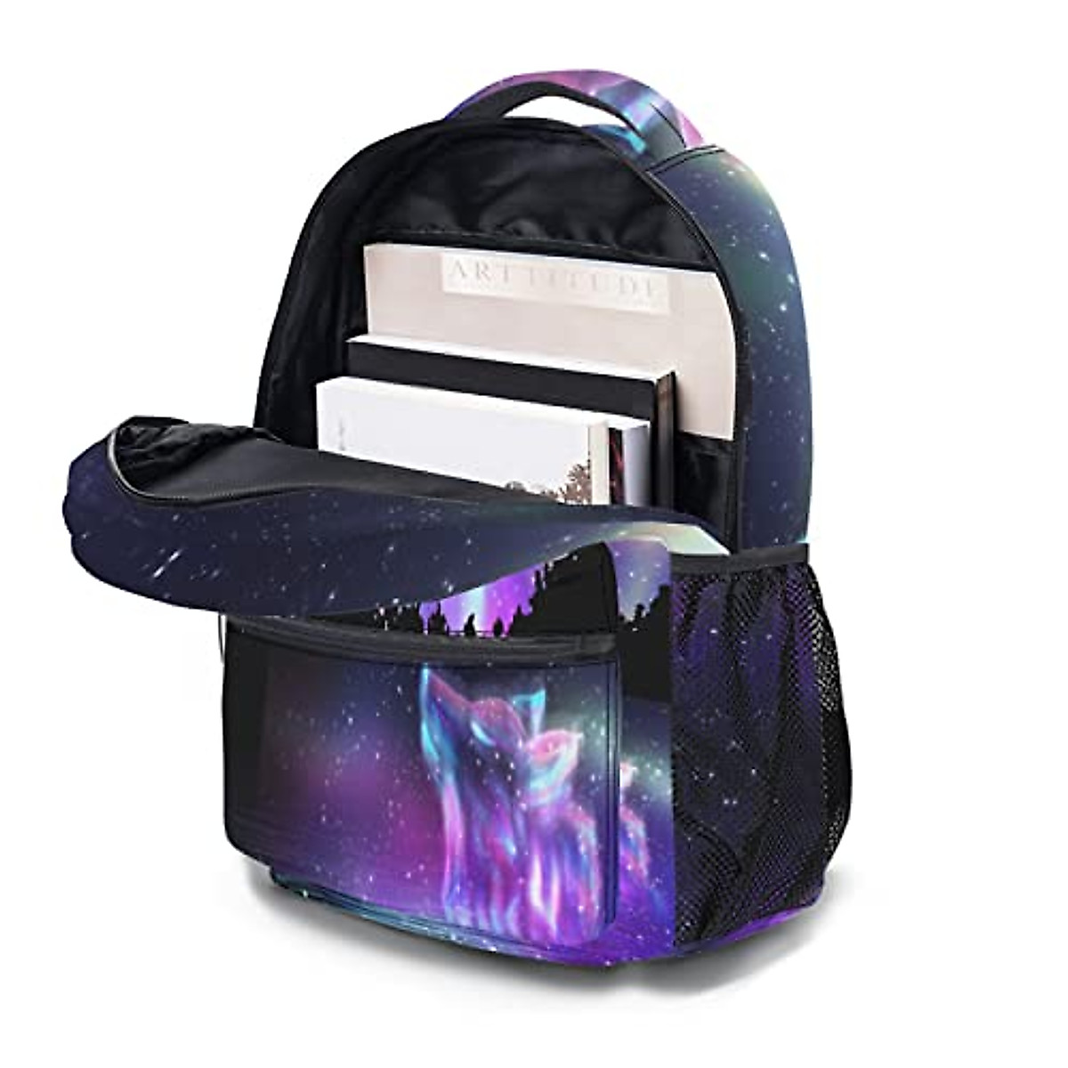 aportt Galaxy Wolf Backpack for Boys Girls Space Stars Wolf Purple Blue Durable Casual Basic Kids Bookbag Cool Lightweight School Bag for Teens Students Travel Hiking Camping Daypack