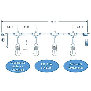 SFEG E26 Outdoor String Lights - 11W Warm White Incandescent Edison Bulb String Lights for Outside & Indoor - Dimmable Hanging Decorative Lights for Patio, Backyard, Garden, Porch, Wedding - 48-ft.