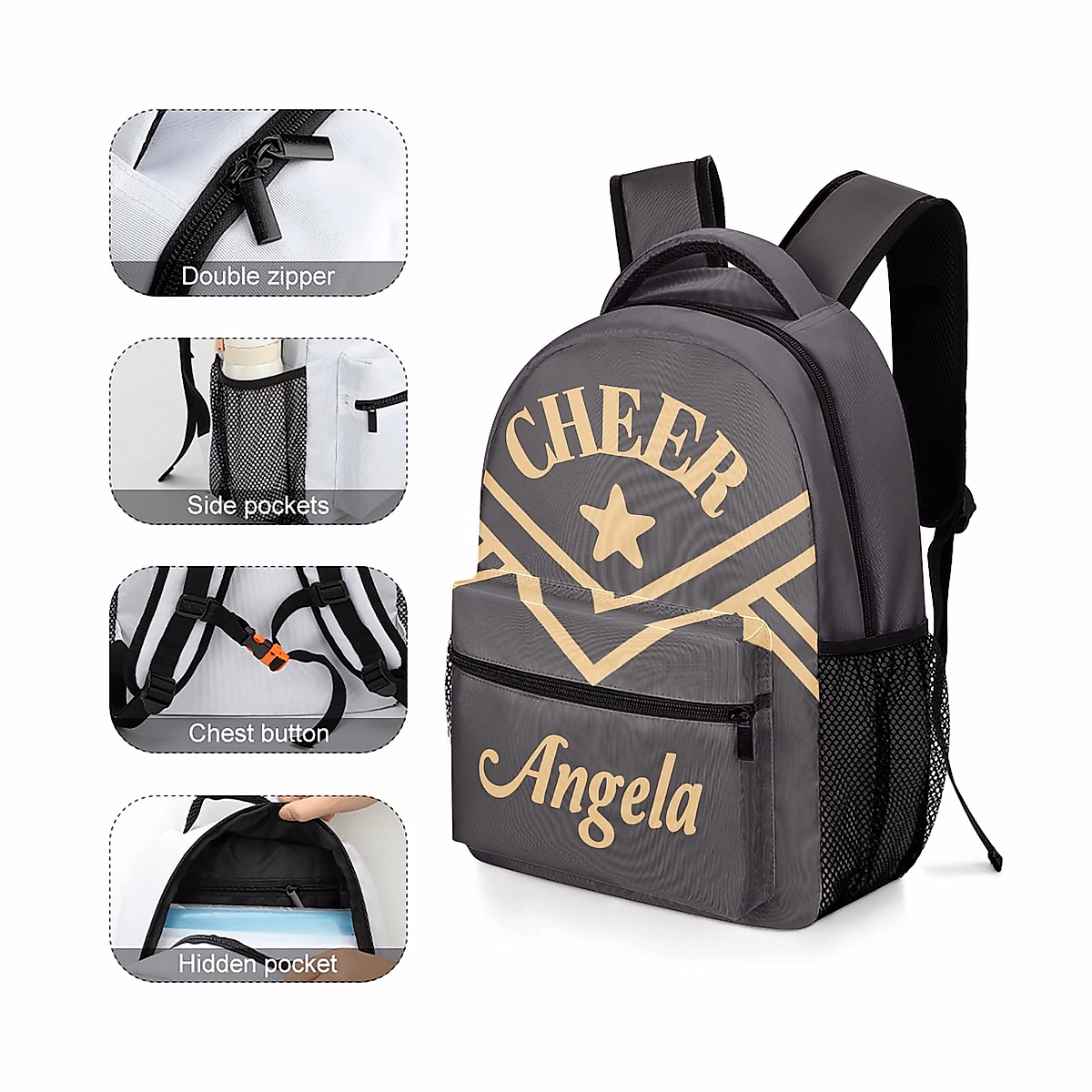 XOZOTY Custom Cheerleader Backpack with Name Daypack for Camping Hiking Cheer Black Golden Yellow