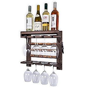 Rustic State Veneto Wall Mount Wood Wine Bottle Rack and Stemware Glassware Organizer Shelf Cork Storage - Magnetic Corkscrew Holder for Champagne, Red & White Wine - Home, Kitchen, Bar Décor