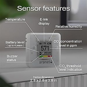 SAF Aranet4 Home: Wireless Indoor Air Quality Monitor for Office or School (CO2, Temperature, Humidity and More) Portable, Battery Powered, E-Ink Screen, App for Configuration & Data History