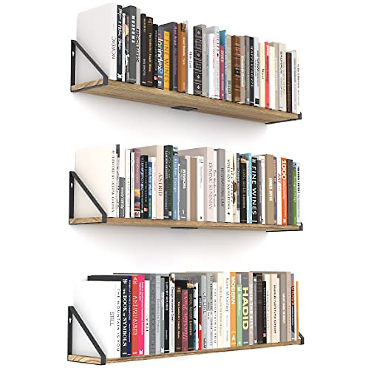 Greaittle 36 Inch Floating Book Shelves, Set of 3, with Middle Brackets for Sturdiness, Hanging Bookshelves for Wall, Long Floating Shelves for Wall Storage (36" x 6", Brown)