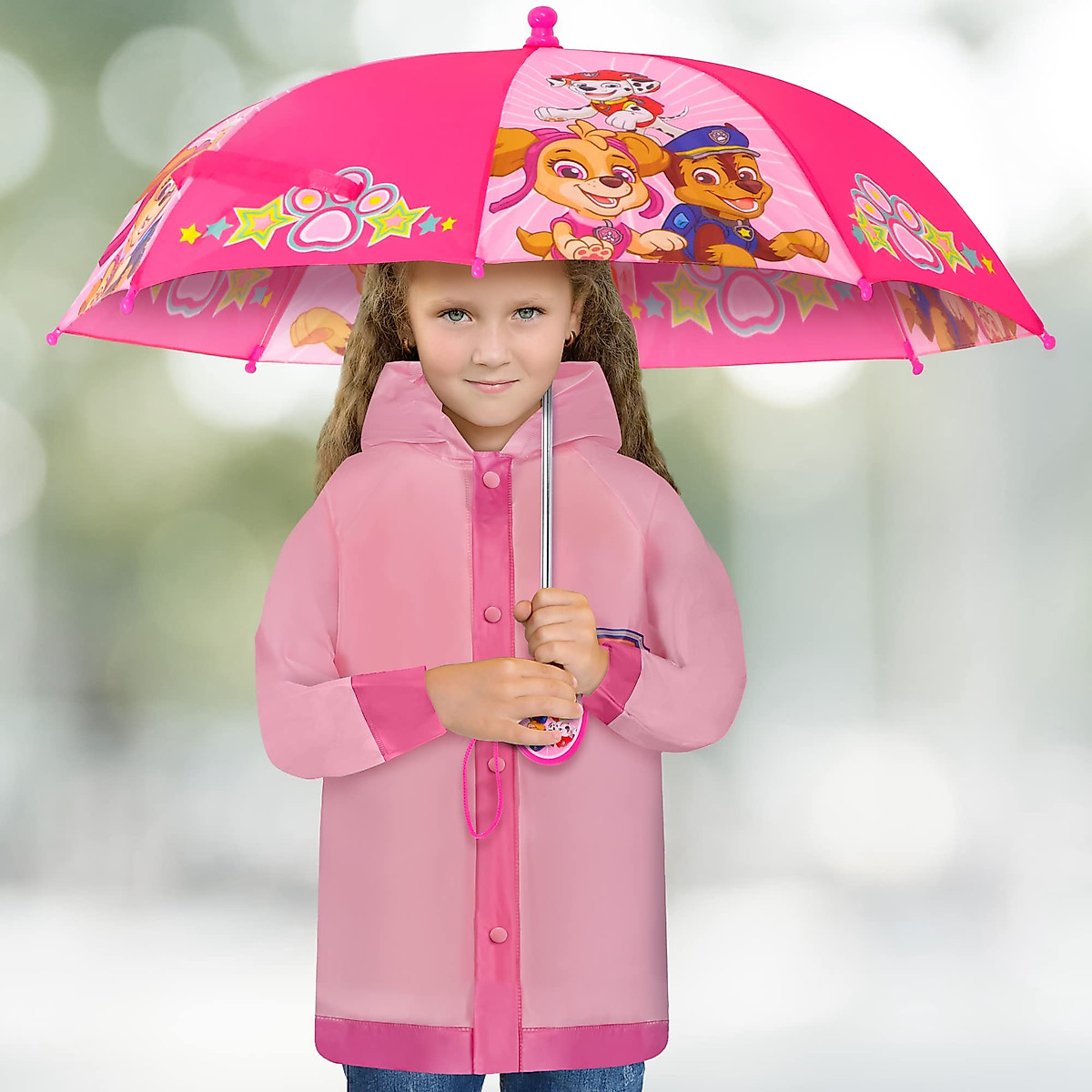 Nickelodeon Little Umbrella and Poncho Raincoat Set, Paw Patrol Girls Rain Wear for Toddler 2-3 Or Kids 4-7, Light Pink, Large, Age 6-7