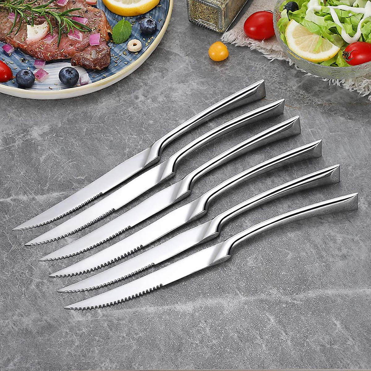 Lemeya 6 Pieces Steak Knives Set of 6,Stainless Steel Standing Steak Knife,Ultra-Sharp Serrated Steak Knives-10 Inch,Mirror Polished,Dishwasher Safe
