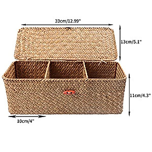 FEILANDUO Seagrass Storage Basket with Lid Hand Woven Wicker Shelf Baskets Rectangular Small Storage Box for Desktop Organizing (Natural 3 Sections with Lid)