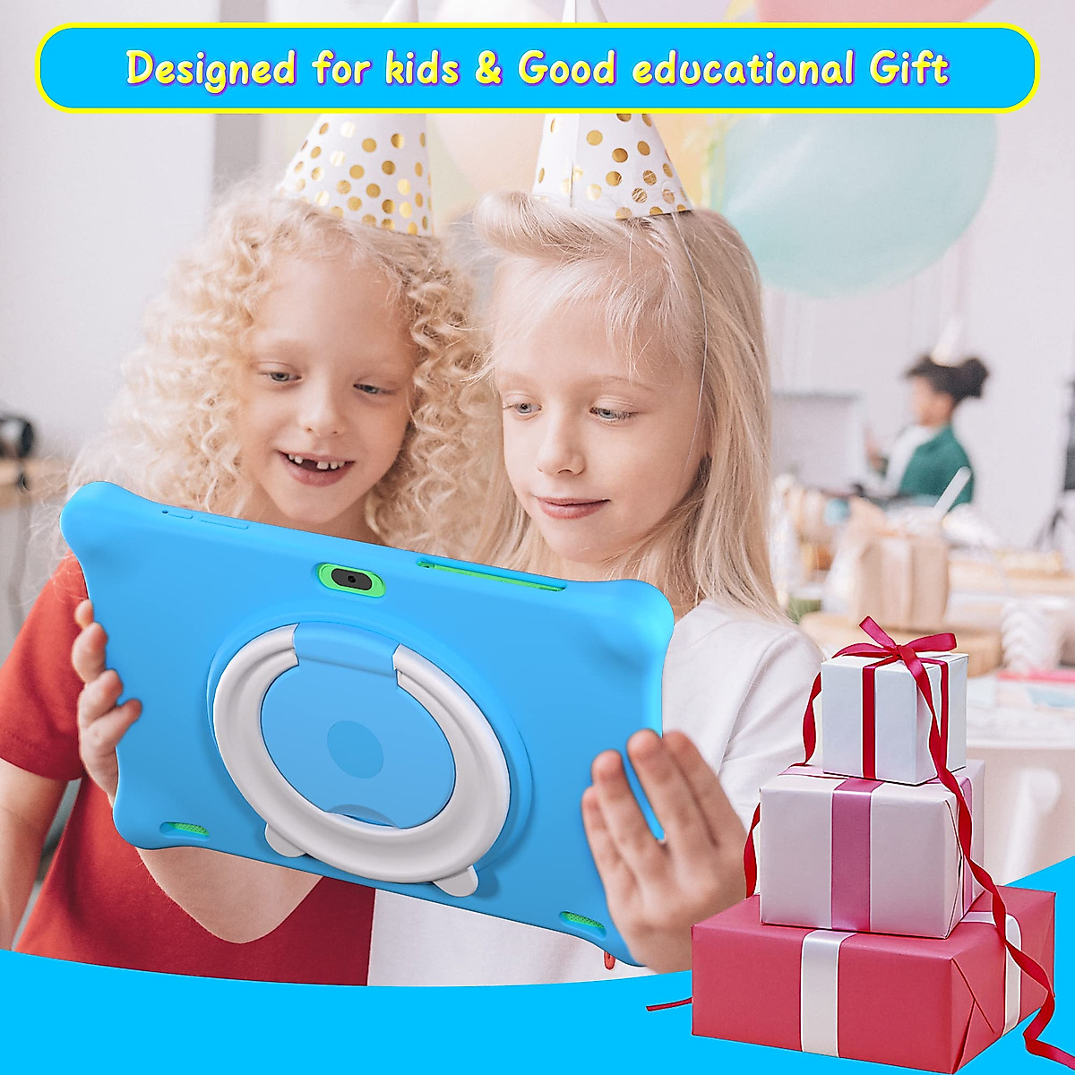 SGIN Tablet for Kids, 2GB RAM 32GB ROM 10 Inch Kids Tablet Android 12 with Case with Parental Control APP, Dual Camera, WiFi, Educational Games，iWawa Pre Installed, Blue
