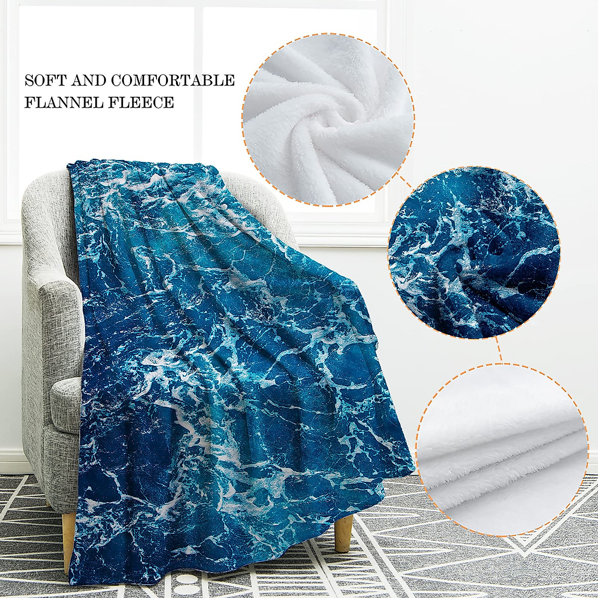 Jekeno Wave Blanket Blue Sea Wave Print Throw Blanket Lightweight Cozy Soft Print Warm for Kids Teens Gift 50"x60"