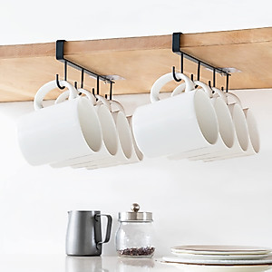 Dahey Under Cabinet Mug Holder Set of 3 Metal Coffee Mug Rack with 12 Mug Hooks, Adhesive Display Cup Holder Organizer for Cabinet Shelf Kitchen Dining Room Coffee Bar, Black