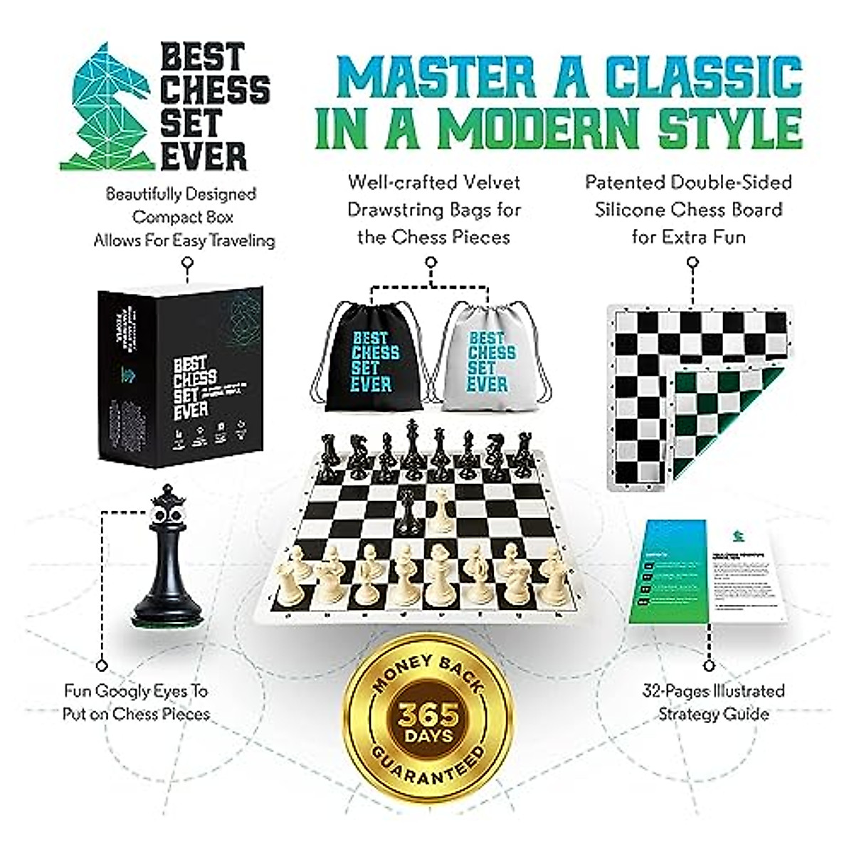 Best Chess Set Ever 4X Classic, Tournament Chess Set with 20 in x 20 in Foldable Silicone Board and Weighted Staunton Pieces, Packs and Travels Easy, Classic XL Super Heavyweight Edition