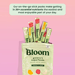 Bloom Nutrition Green Superfood Stick Packs | Super Greens Powder Juice & Smoothie Mix | Complete Whole Foods, Organic Spirulina and Chlorella, Probiotics, Digestive Enzymes, & Antioxidants (Variety)