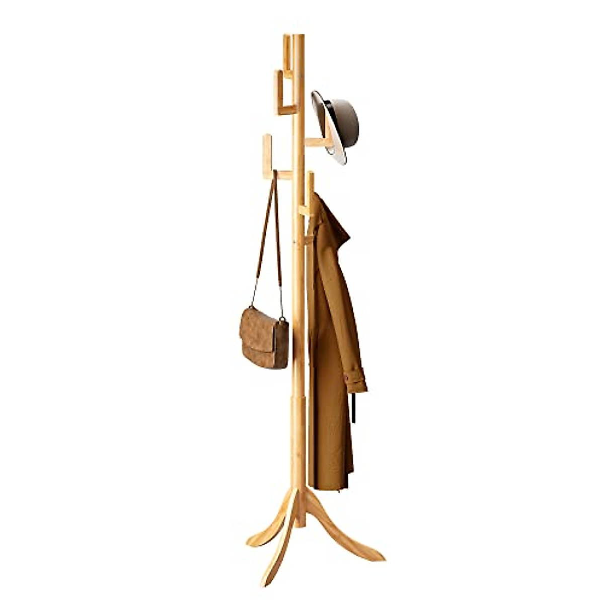 FILWH Coat Rack Freestanding Bamboo Coat Tree with 6 Hooks Adjustable Sizes Free Standing Coat Rack Super Easy Assembly Coat Hanger Stand(Natural)
