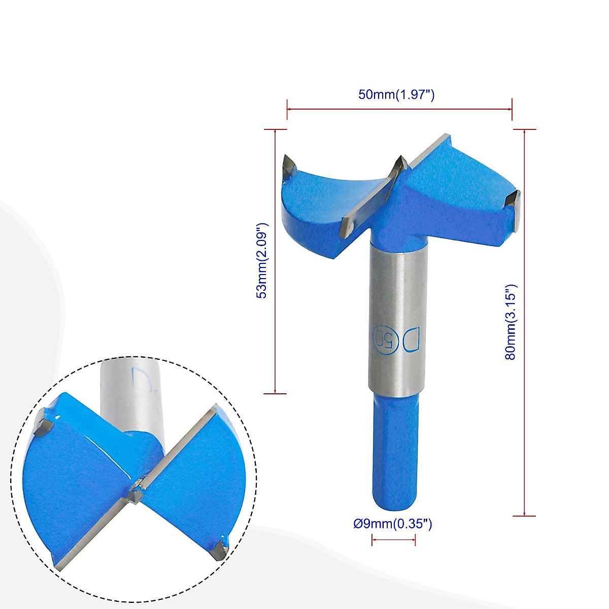 Aopin Forstner Drill Bit Professional Carbide Woodworking Hole Saw, Cutting Diameter 50mm, 1Pcs (Blue, Silver)