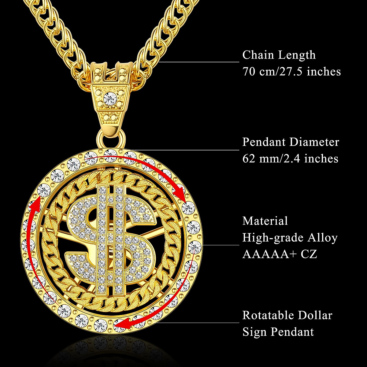 Krfy Gold Money Dollar Sign Chain Necklace For Men Rotatable Rapper Hip Hop Fake Chain 18k Gold Plated Halloween Old School Big Chunky Turnover Punk Style Necklace