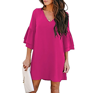 BELONGSCI Women's 2023 Summer Dress Sweet & Cute V-Neck Bell Sleeve Shift Dress Mini Dress, Perfect for Wedding or Graduation