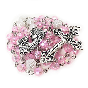 Mother Mary Pink Crystal Cut Rosary and Rosary Bracelet Set,Catholic Rosary,Rosarios Catolicos Para Mujer,Catholic Gifts Women,Rosario Regalos Para Mujer,Rosary Necklace for Women, Acrylic, acrylic