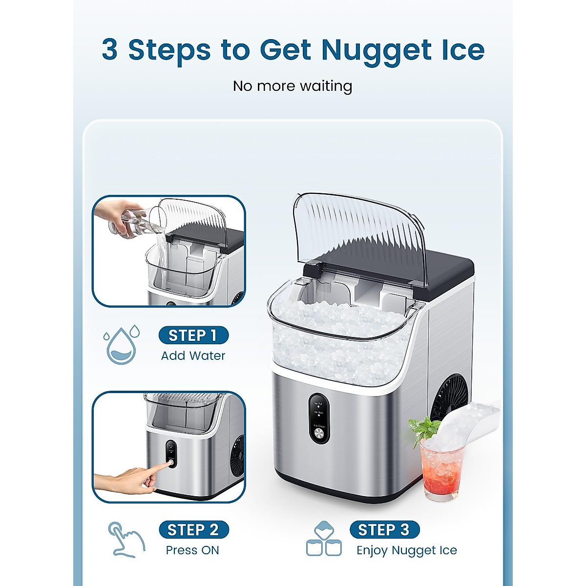 COWSAR Nugget Ice Makers Countertop, Soft Chewable Crushed Ice Maker Machine, Portable Pebble Ice Maker Countertop, 34Lbs/Day, Self-Cleaning, One-Button Operation Ice Machine for Home Kitchen Party