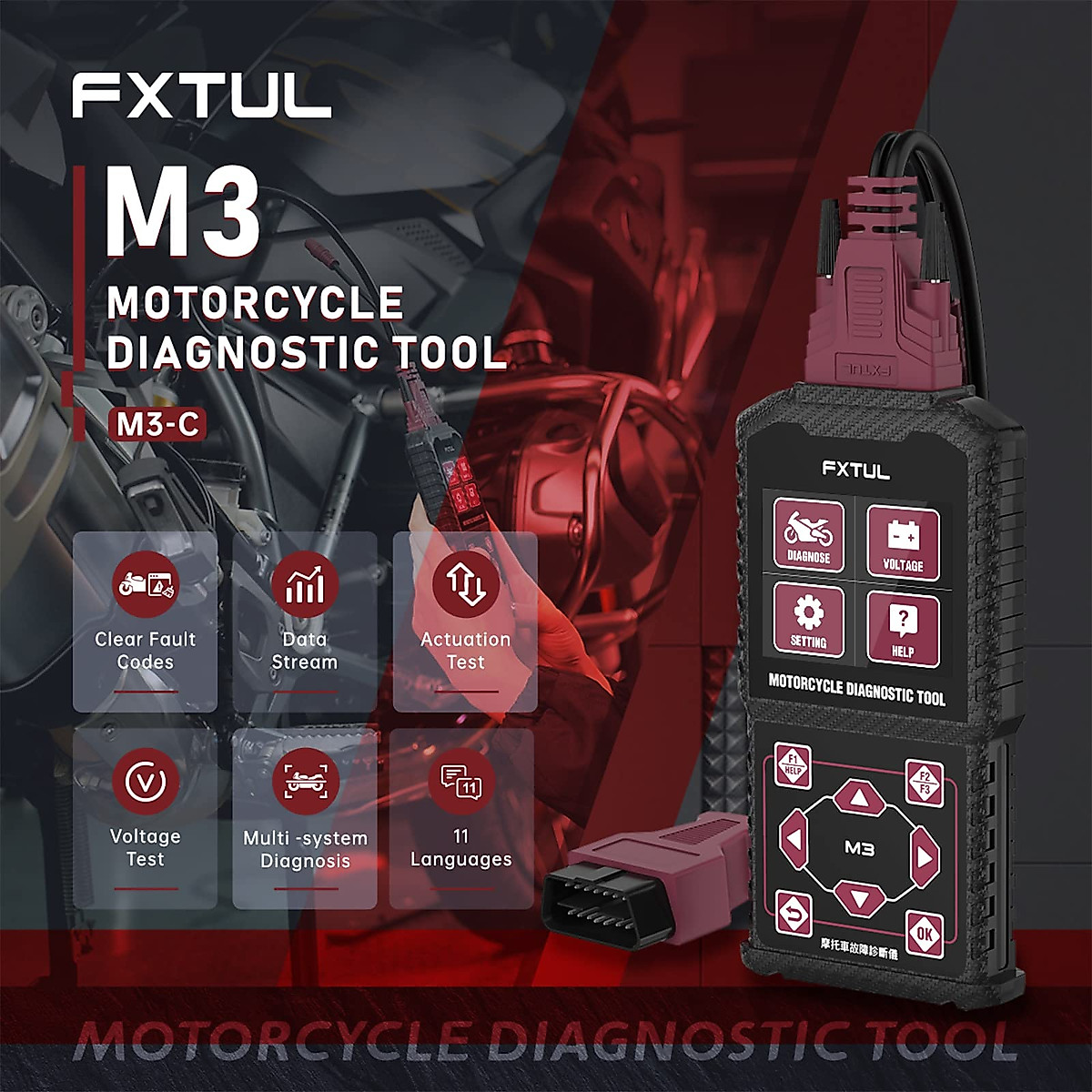 FXTUL M3-C Motorcycle Diagnostic Tool OBD2 Scanner Compatible for UZUKI Vespa EUROV and OBD2 Motorcycle, Universal Car Engine Fault Code Reader CAN Diagnostic Scan Tool