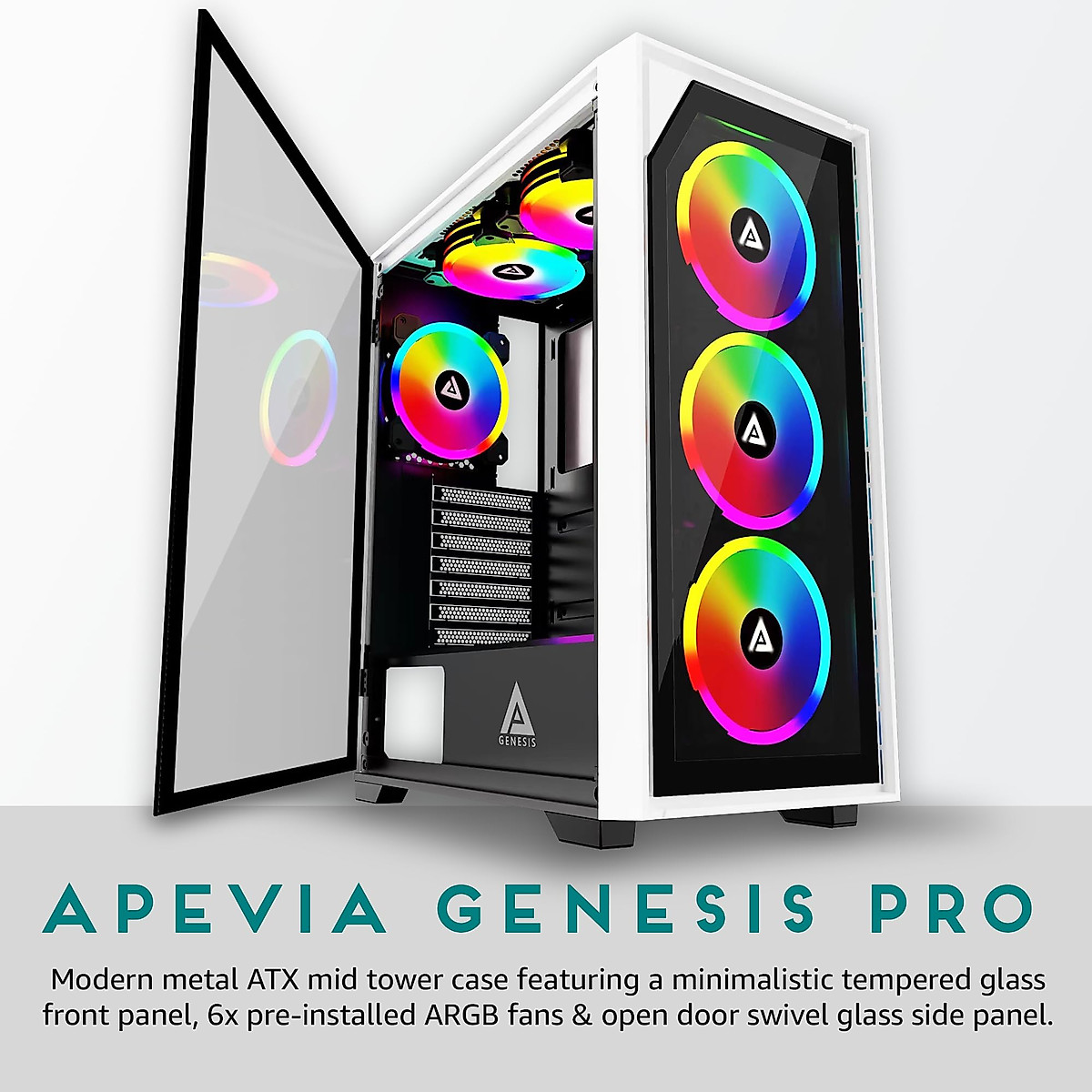 Apevia G-PRO-WH Genesis Pro Mid Tower Gaming Case with 2 x Tempered Glass Panel, Top USB3.0/USB2.0/Audio Ports, 6 x RGB Fans, White Frame