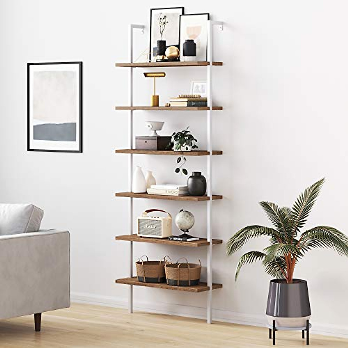 Nathan James Theo 6-Shelf Tall Bookcase, Rustic Oak/White & Theo Industrial Bookshelf with Wood Drawers and Matte Steel Frame, 3-Shelf, Oak/White