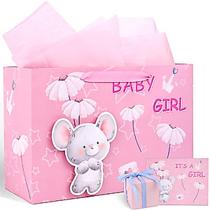 VGOODALL Baby Girl Gift Bag, 13" Gift Bags with Tissue Paper Ribbon Handle and Greeting Card for Girl Baby Shower Newborn 1st Birthday Gender Reveal Party Pink