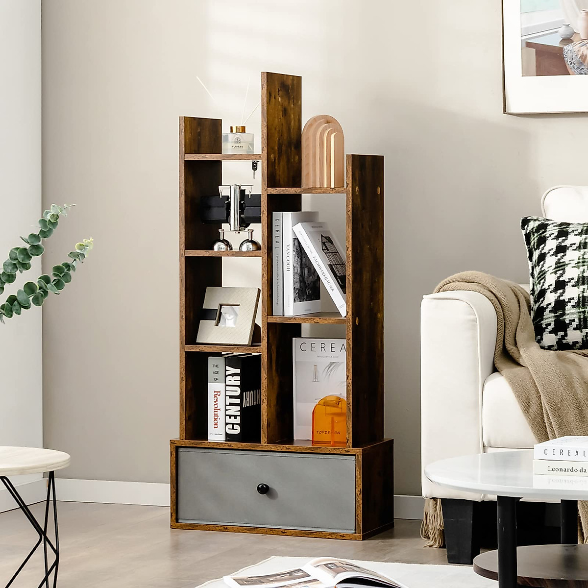 LOKO Rustic Bookshelf with Drawer, Industrial 3 Shelf Bookcase with Anti-toppling Device and 7 Open Compartments, Freestanding Vintage Wooden Book Shelf for Bedroom, Living Room (Rustic Brown)