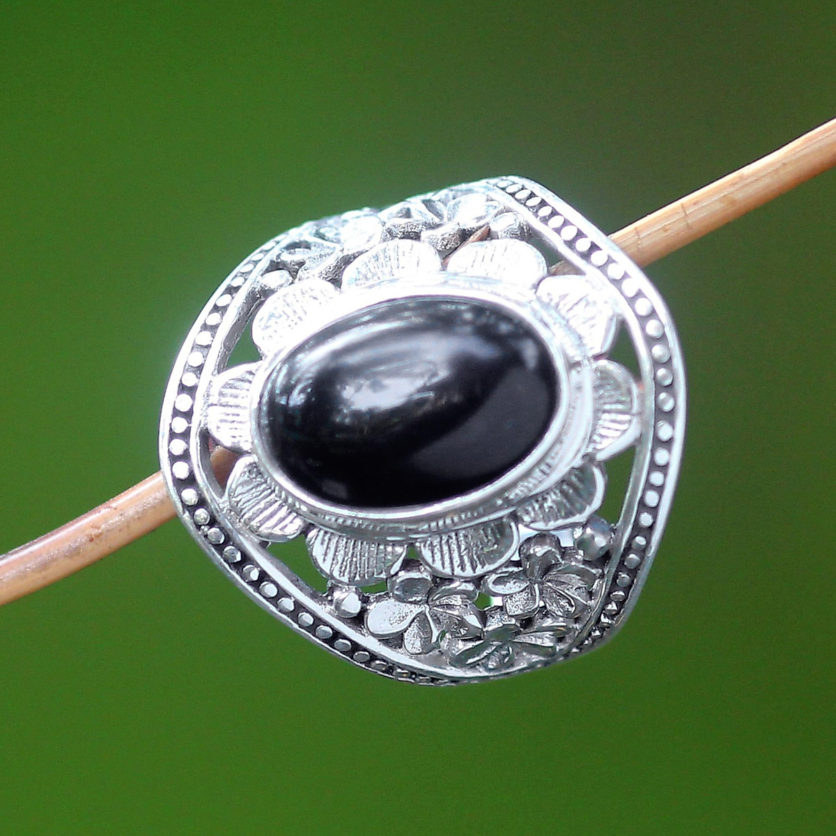 NOVICA Artisan Handmade Onyx Flower Ring Unique Sterling Silver Cocktail Black White Indonesia Floral Happiness Birthstone [crownbezel 0.9 in L x 0.8 in W x 0.2 in H Band Width 3 mm W] ' Frangipani