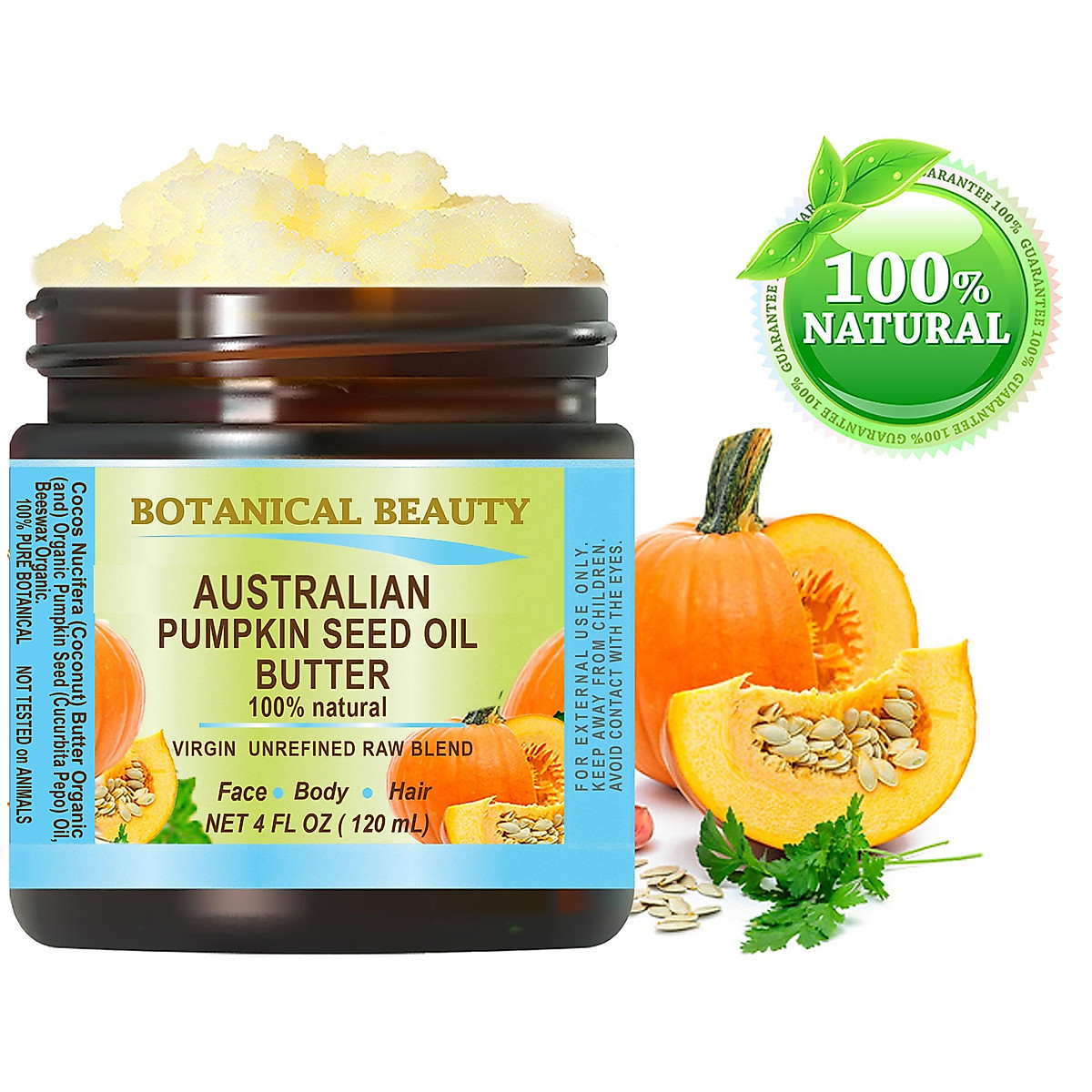 Botanical Beauty' PUMPKIN SEED OIL BUTTER Australian Natural VIRGIN UNREFINED RAW for Face, Skin, Damaged Hair, Lip, Nails 4 Fl.oz.- 120 ml