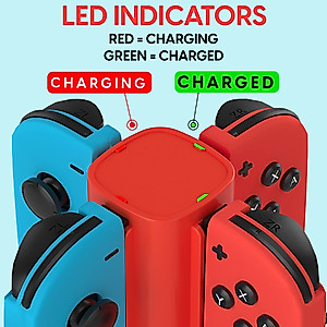 Talkworks Joy Con Charging Dock for Nintendo Switch - Docking Station Charges Up to 4 Joy-Con Controllers Simultaneously (Controllers Not Included) - Red - Nintendo Switch