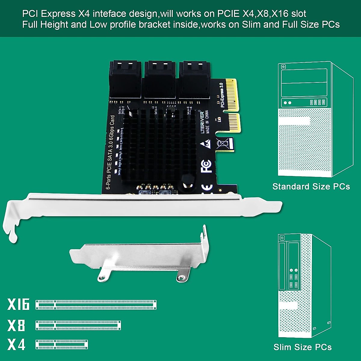 LTERIVER PCI Express X4 to 6-Ports Serial ATA/SATA 3.0 Host Controller Card- Plug and Play on Windows OS, MAC OS and Linux Systems-6X 6Gbps Max SATA 3.0 None Raid Ports-Support AHCI Boot Up (PCE-G2S6)