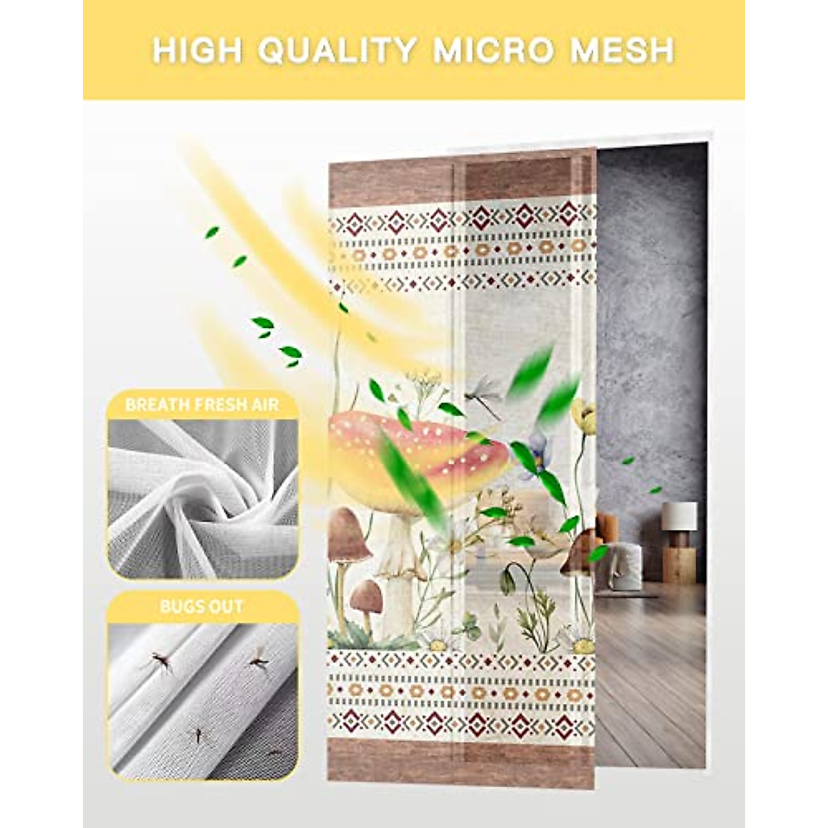 ZOE GARDEN Southwest Mushroom Magnetic Screen Door for Sliding/Single/French Doors, Self Sealing Magnets Patio Door Screen Heavy Duty Mesh Curtain, Brown Country Rustic Flower Plant Leaves