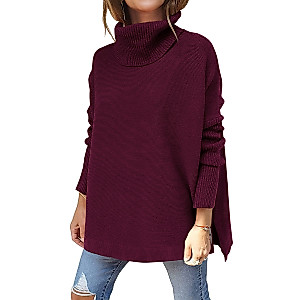 ANRABESS Women's Oversized Turtleneck Batwing Sleeve Spilt Casual Loose Knit Tunic Pullover Sweater Tops 2025 Fall Outfits Wine Red Small