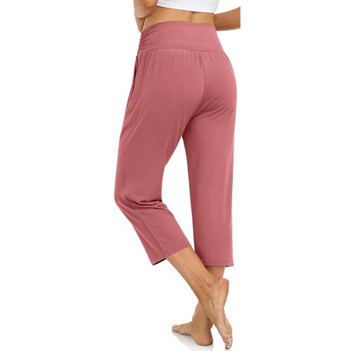 UEU Women's Elastic High Waist Capri Plus Casual Summer Loose Fit Wide Leg Yoga Pants Maternity Lounge Capris Sweatpants Pockets(DustyRose,2XL)