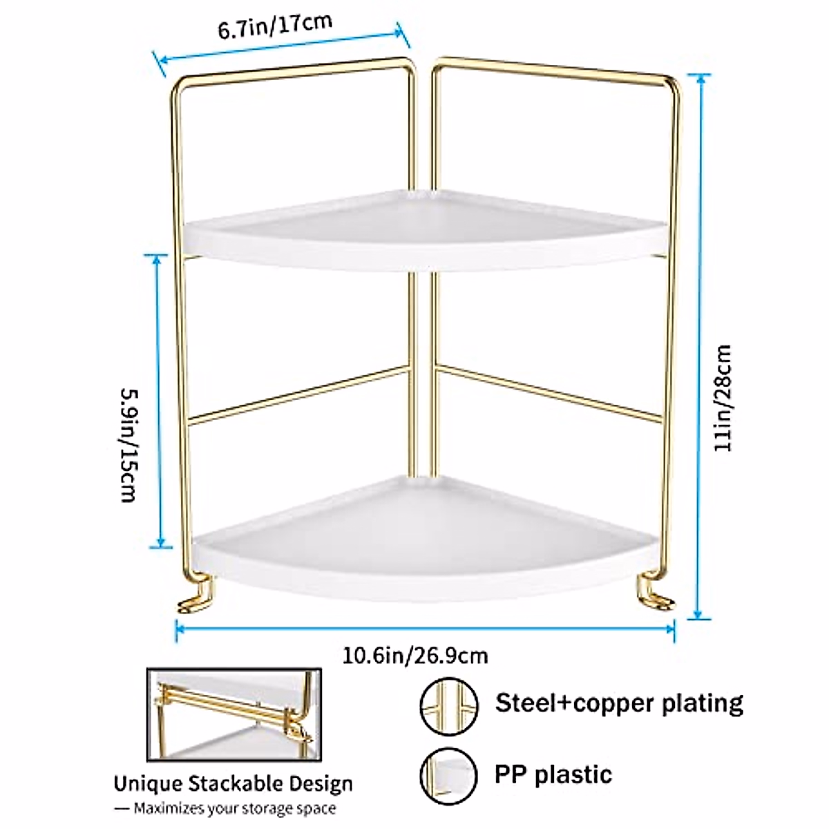 FSyueyun 2-Tier Corner Bathroom Countertop Organizer, Kitchen Spice Rack Makeup Storage Shelf Vanity Bedroom Storage Tray (Gold)