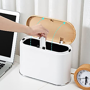SYNCVIBE Mini Trash Can with lid Small Countertop Trash Can with Wood Grain Lid, 0.5 Gallon Tiny Desktop Wastebasket with Lid, 2 Liter Pop Up Plastic Trash Bin for Bathroom, Bedside, Study, Office