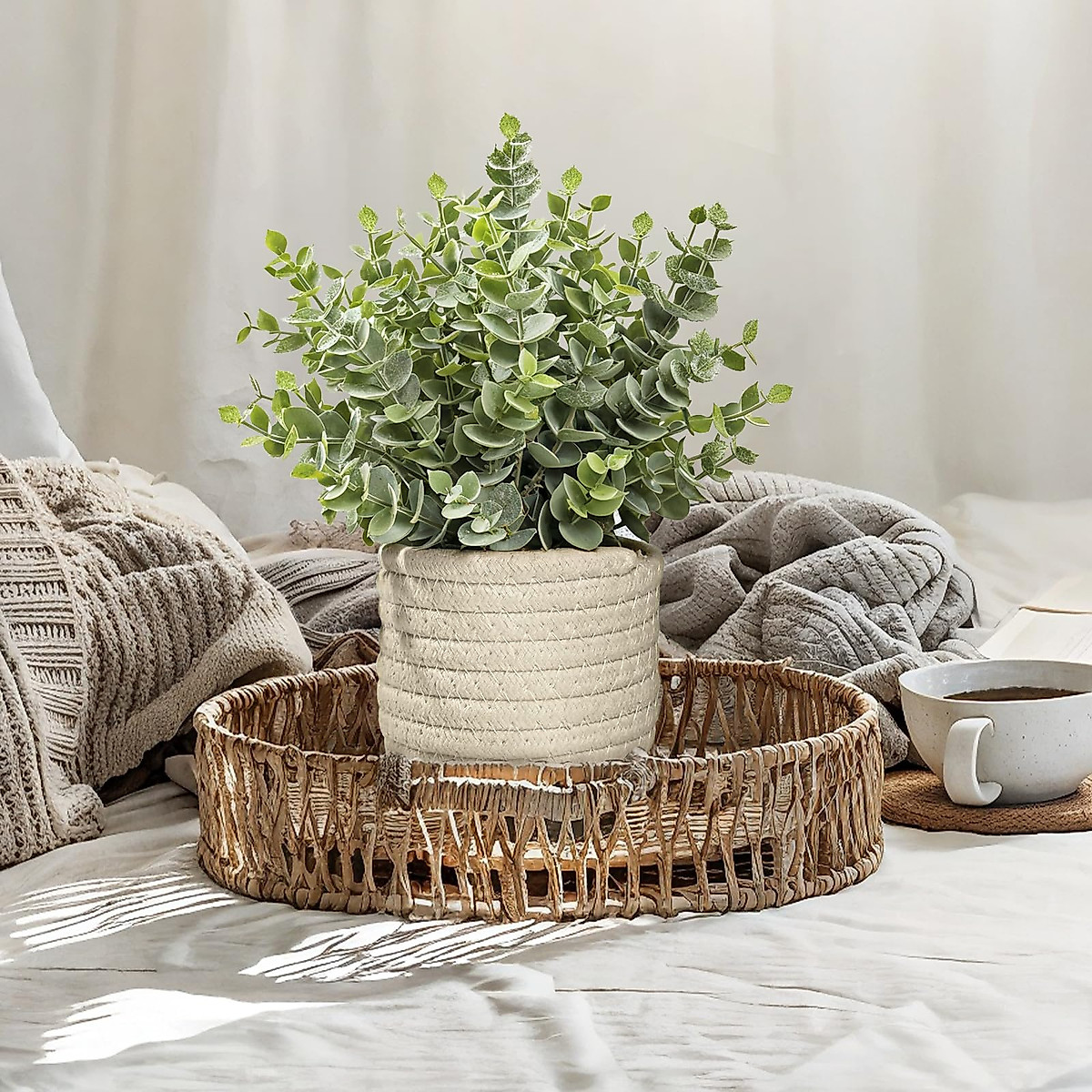 Hopewood Faux Plants, Fake Plants Eucalyptus Potted for Home Office Desk, Artificial Eucalyptus with a Weave Basket for Indoor Greenery Tabletop
