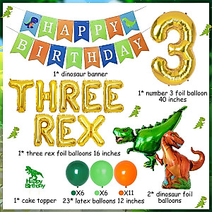 Dinosaur Birthday Decorations for Boy Three Rex Birthday Decorations Dinosaur Party Supplies 3 Year Old - Three Rex Balloons Dino Cake Topper Happy Birthday Banner