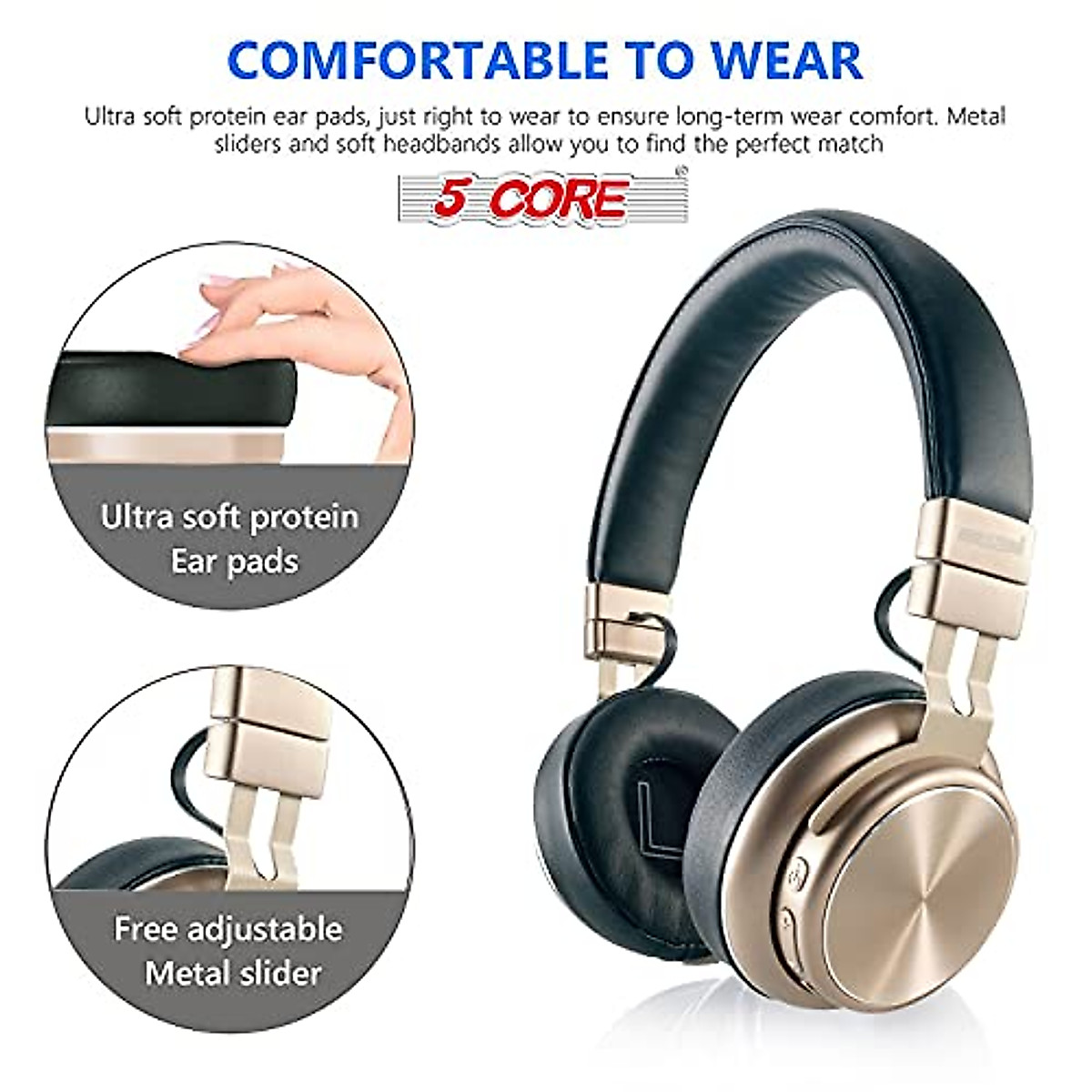 5 CORE Premium Bluetooth Wireless 5.0 USB Over-Ear Foldable Headphones with Microphone Deep Bass Stereo Headset with Soft Memory-Protein Earmuffs Gaming Headphone 13G Golden