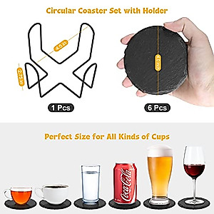 Black Slate Coasters for Drinks - Set of 6 - Anti-Scratch Drink Coasters with Holder - Natural Stone Coasters Bulk, Unique DIY Crafts - Cup Coaster Set for Home Decor, Bar, Coffee, Table