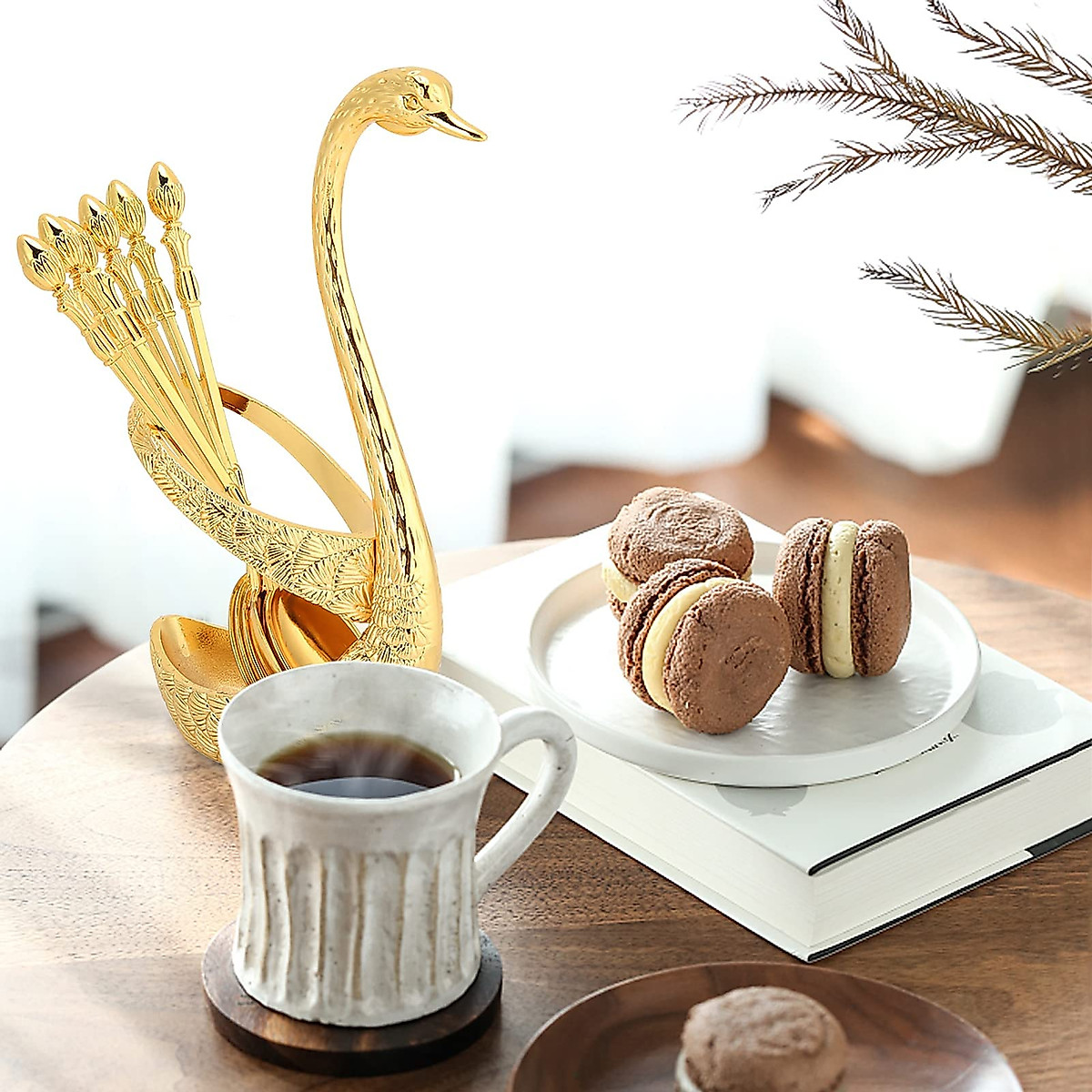 Agatige Gold Coffee Spoon for Coffee Bar, 6pcs 5in Long Coffee Stir Spoon Crown Handle Dessert Spoons Gold Tea Spoons Espresso Spoons with Decorative Swan Base Holder (Gold)