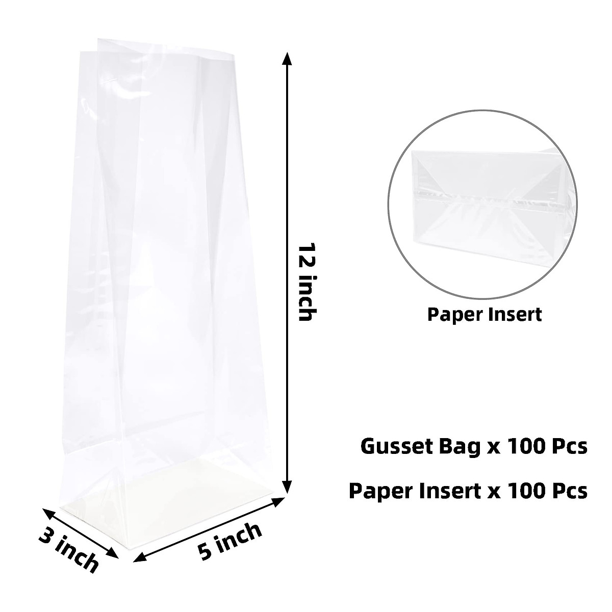 Yotelab Flat Bottom Cellophane Bags, 5x3x12 Inches Gusseted Cellophane Bags With Paper Insert,100 Pieces