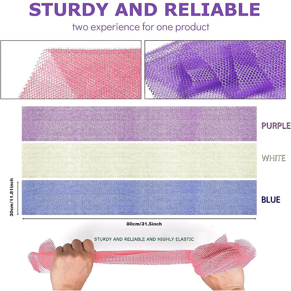 3 Pieces African Bath Sponge African Net Long Net Bath Sponge Exfoliating Shower Body Scrubber Back Scrubber Skin Smoother,Great for Daily Use (Purple,Blue,Off-White)