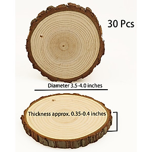 Natural Wood Slices 30 Pcs 3.5-4 Inches Craft Unfinished Wood Kit Predrilled Wooden Rounds with Bark, Wood Circles with Hole, Wood Slices for Crafts Ideal for DIY Projects, Christmas Ornaments