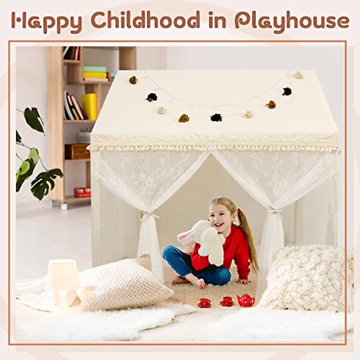 Kids Play Tent Indoor Outdoor, Large Play House Tents for Toddlers 3-12 Years Old, Girls Boys Play Tents with Non-Slip Mat, Tassel Garland and Star Lights, Neutral Color 52" x 35" x 52"