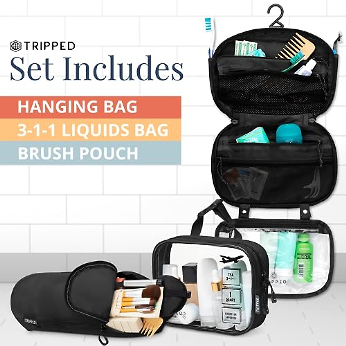 Toiletry Bag Kit Set: Hanging Travel Toiletry Bag + 311 TSA Cosmetic Liquid Bag + Ultralight Accessory Organizer Pouch (Black Ripstop)