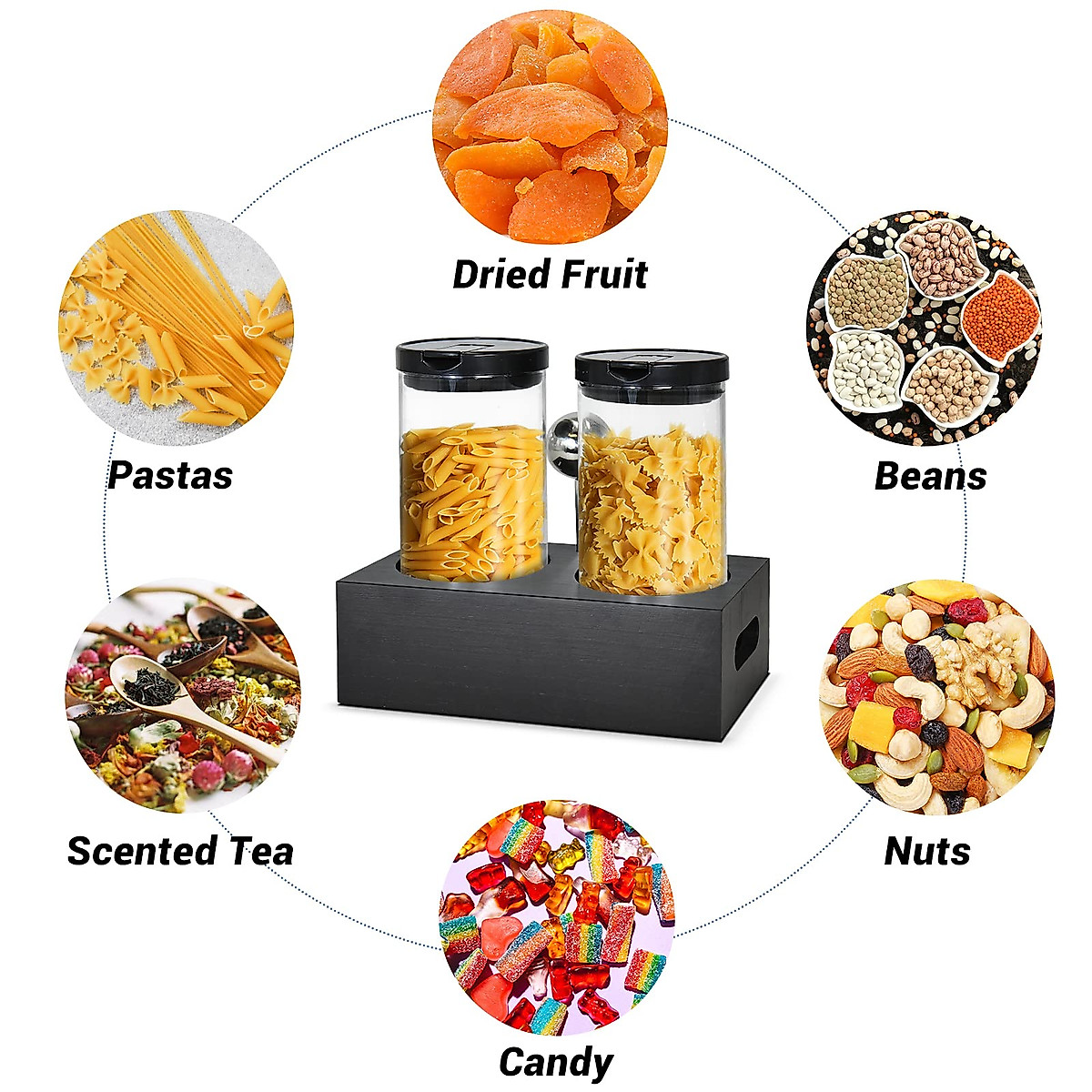 Glass Coffee Containers with Shelf,Coffee Station Organizer,Coffee Canister with Scoop,2x48oz Coffee Bean Storage with Airtight Locking Clamp,Coffee Container for Ground Coffee(Black)