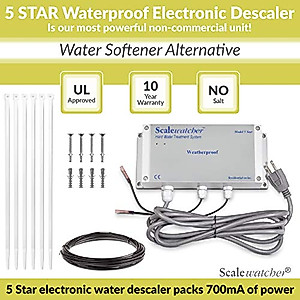 Scalewatcher 5 Waterproof Electronic Descaler | USA Made & Patented Hard Water Softener/Conditioner Alternative | 700mA Salt-Free Electric Limescale Remover for Swimming Pool, Irrigation & More