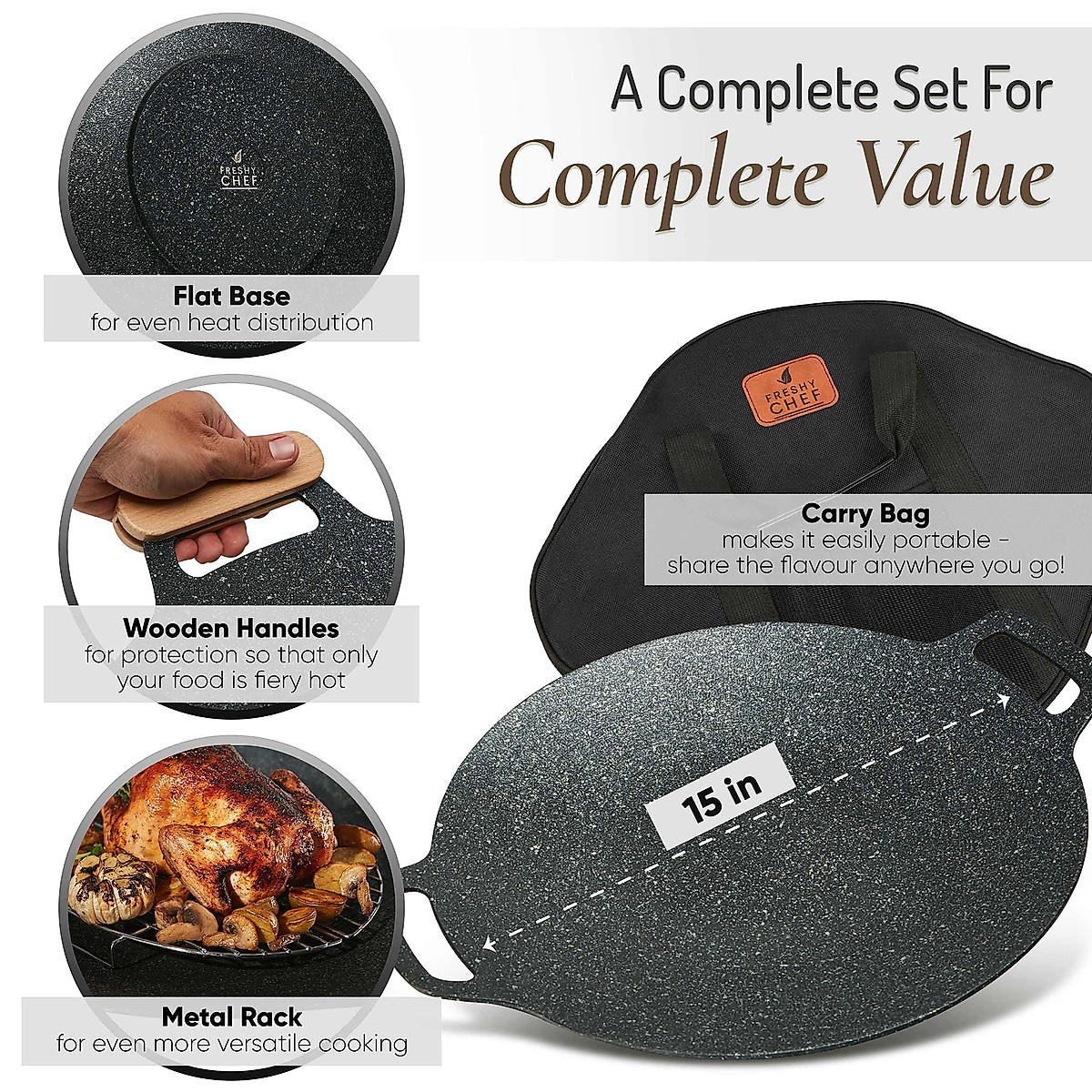FRESHY CHEF Korean Grill Pan - 15 Inch Non-Stick Aluminum Korean BBQ Grill Pan with 2 Wooden Holders, Rack, and Storage Bag - Lightweight Aluminum Griddle Pan for Stove Top, Induction, Camp Fire
