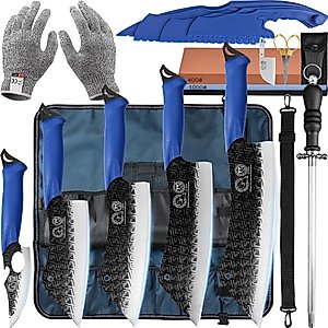 Authentic XYJ Since 1986,5pcs Slicing Knives Set,Vegetable Kitchen Knife With Roll Bag,Whetstone,Honing Steel,Cake Cutter,Camping Chef Butcher Knife,Full Tang (XYJ Blue)