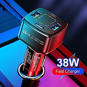 USB C Car Charger, 38W PD &QC3.0 Fast Charging 4 USB Car Charger Adapter, 30W USB-A +Type-C Multi Port Cigarette Lighter USB Charger Compatible with iPhone/Android/Samsung Galaxy S10 S9 Plus (Black)