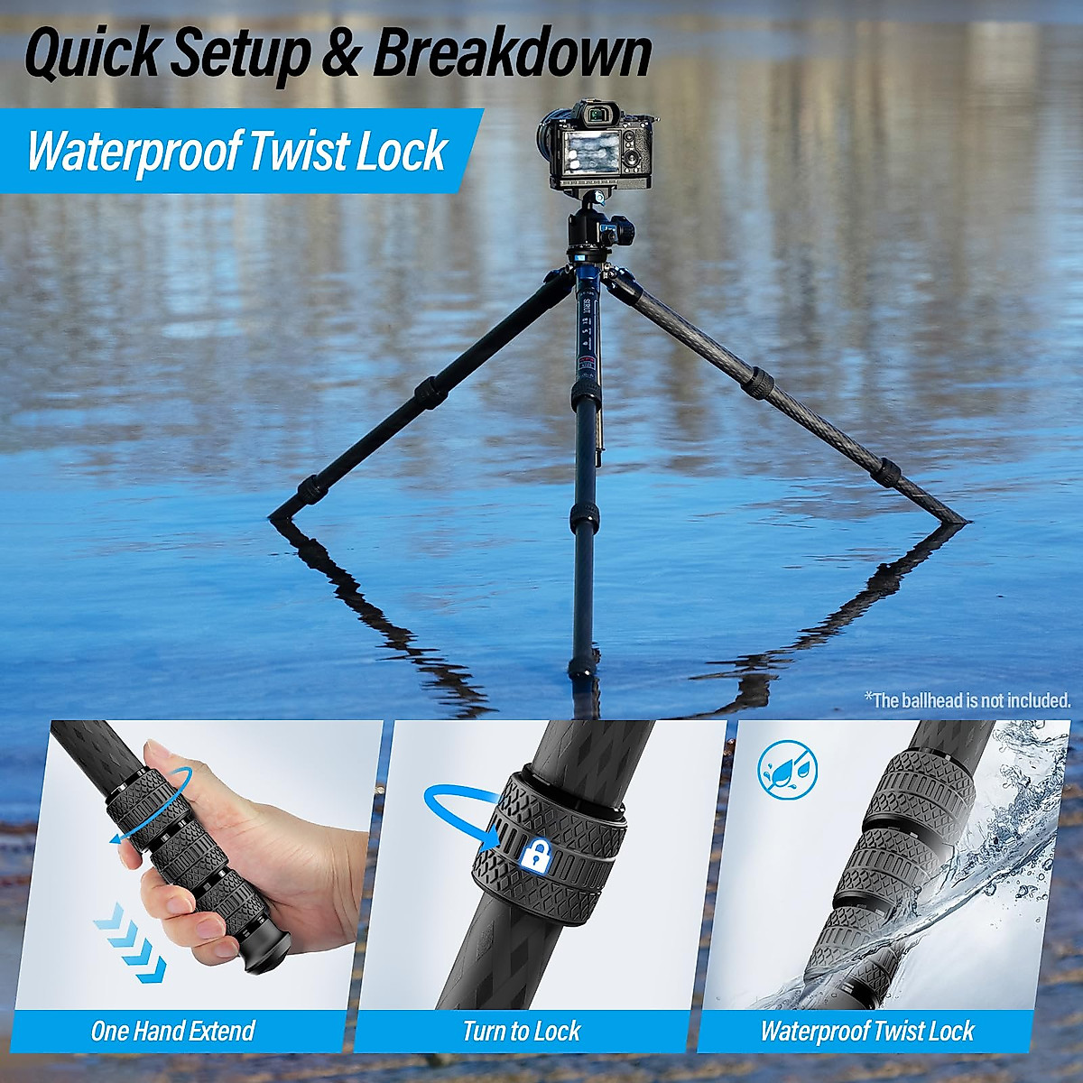 SIRUI AM-124 Carbon Fiber Tripod with Triangular Center Column, 62.6" Compact TravelTripod for Camera, 4 Sections, Waterproof Twist Lock, Load 26.5lbs